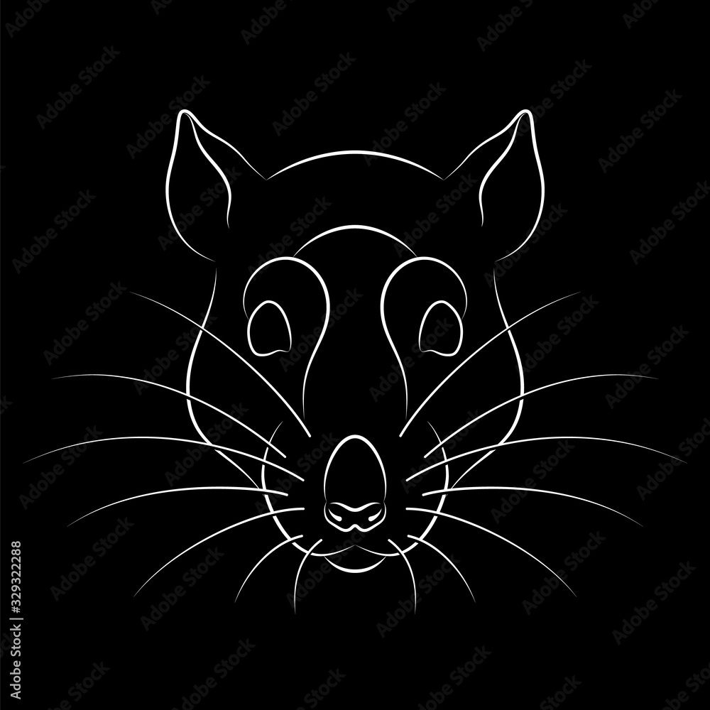 Outline of stylized rat portrait on black background. Line art. Stencil ...