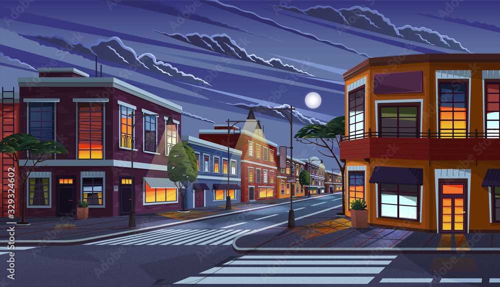 Street of town at night. Cityscape with old apartment houses and light ...