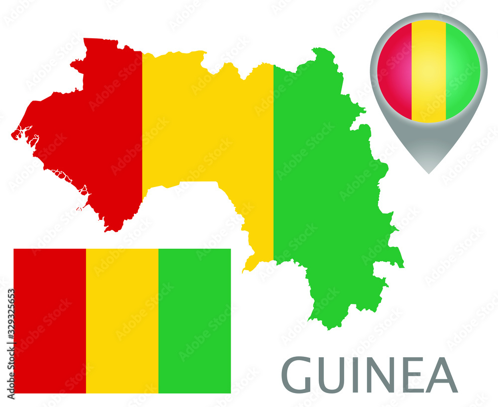 Colorful flag, map pointer and map of Guinea in the colors of the ...