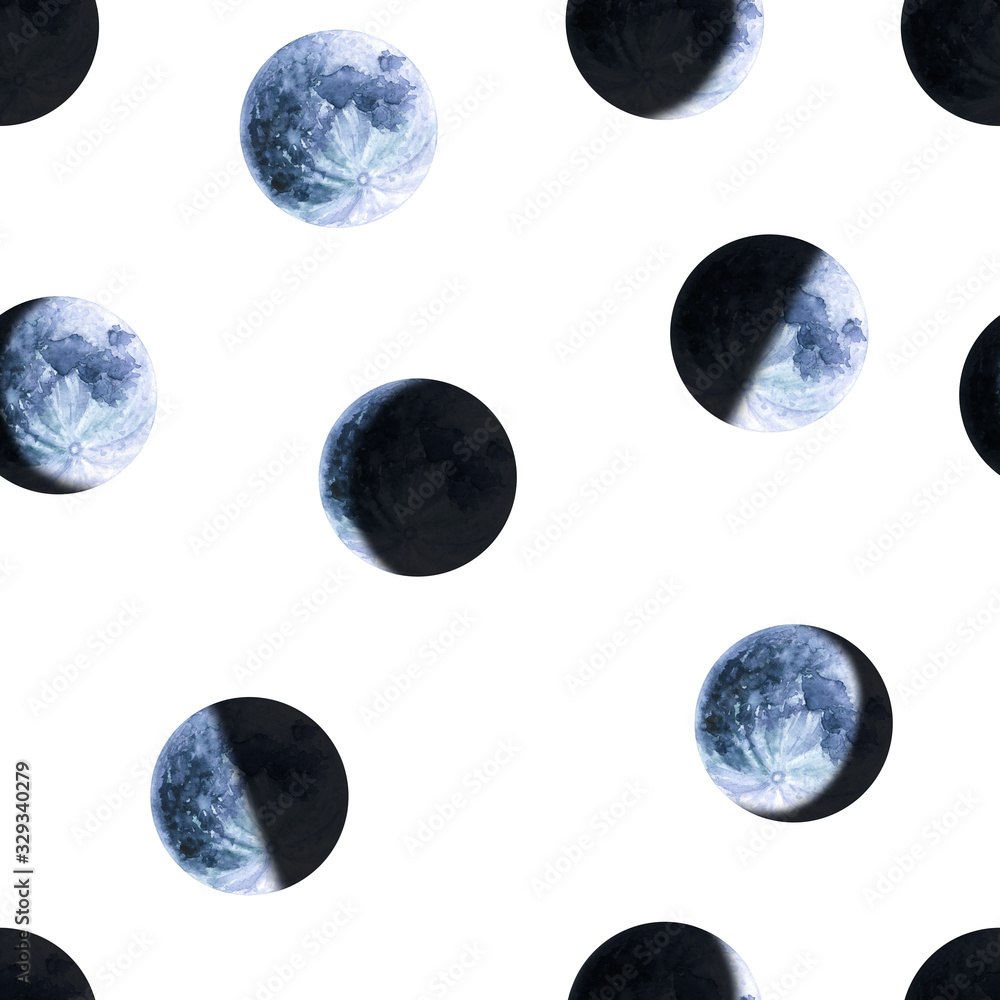 Seamless pattern of watercolor moon phases. Hand drawn illustration ...