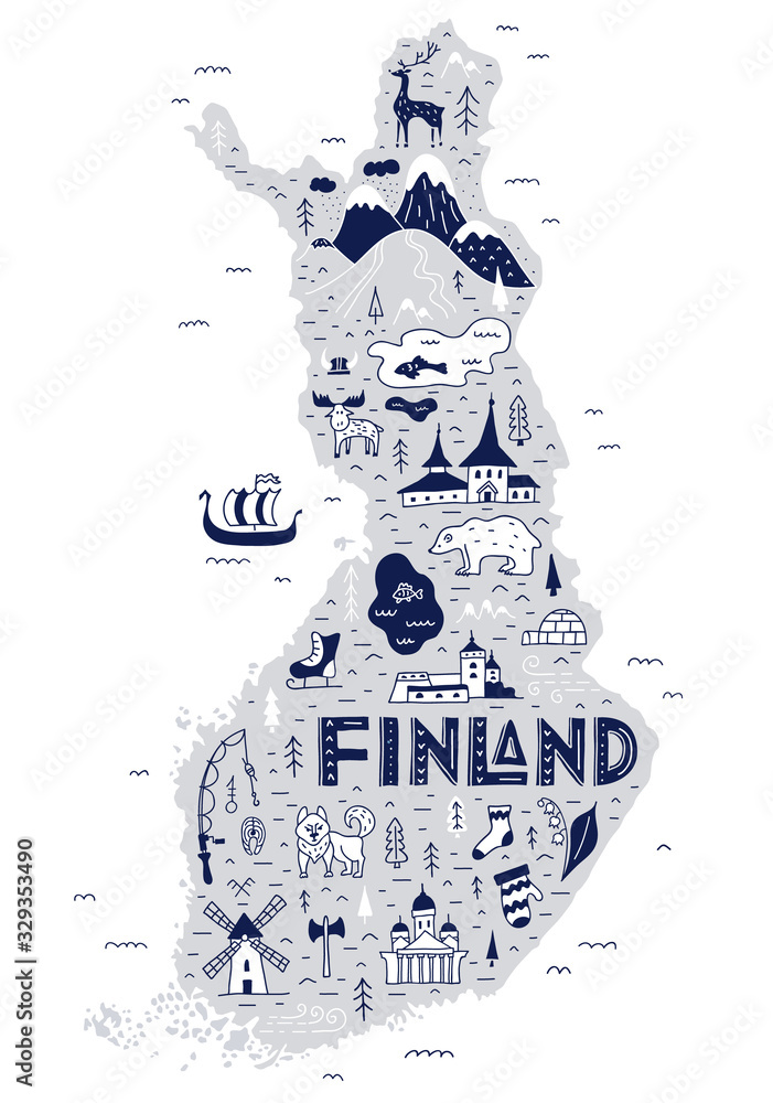 Touristic map of Finland hand-drawn in doodle style. The main symbols ...