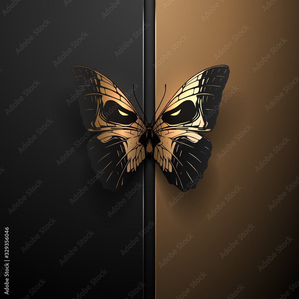 Butterfly with skull surface on black and gold background Stock Vector ...