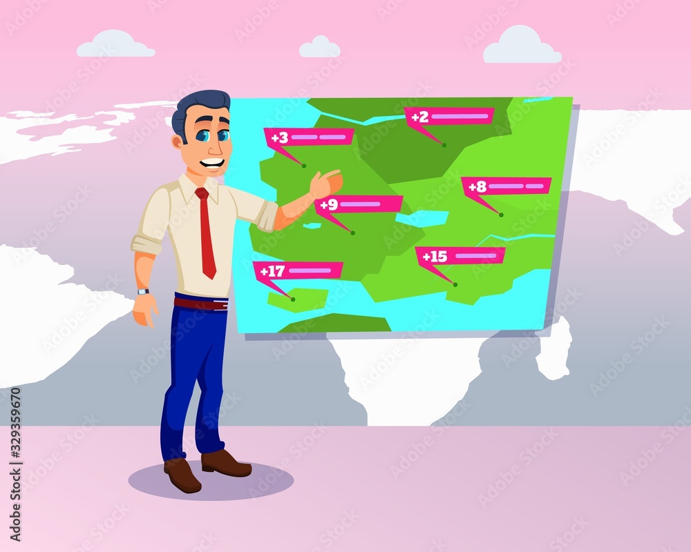 Reporter Leading Weather News Broadcast Cartoon. Anchorman Reporter ...