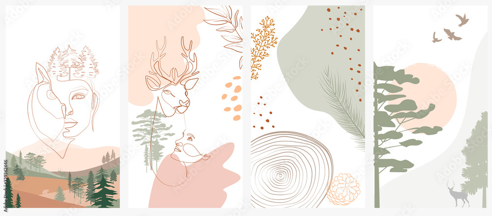 Set of abstract vertical background with forest animals, woman face ...