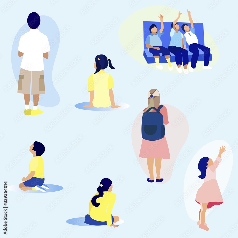 Back View Little Male and Female Kids Looking ahead Flat Cartoon Vector ...