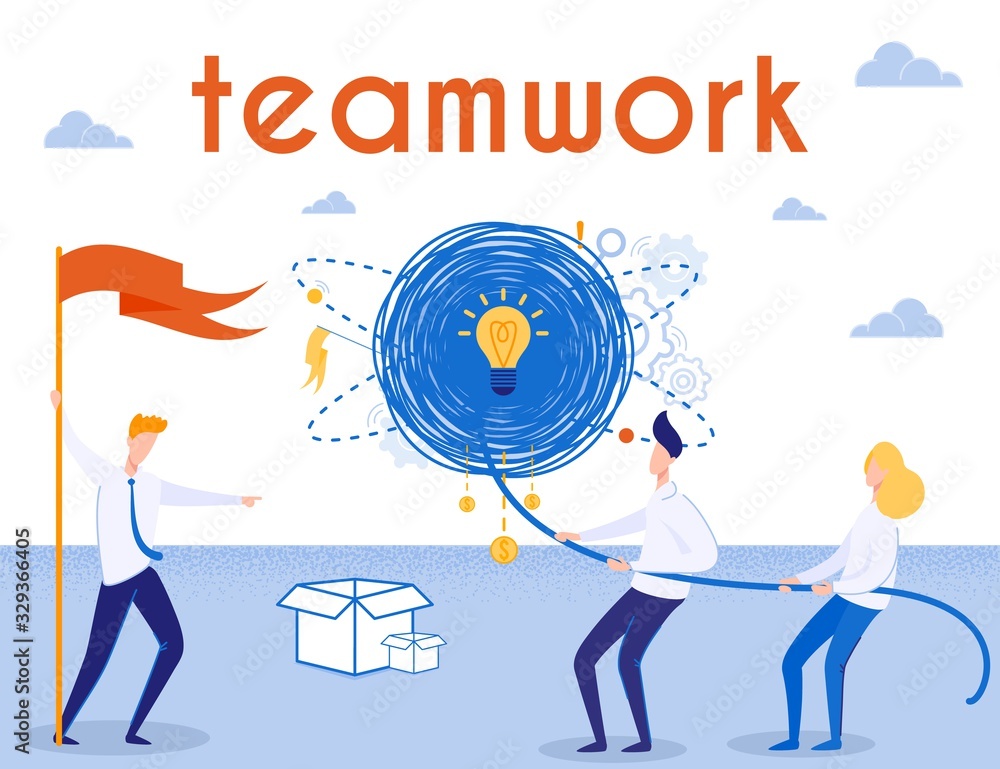 Creation Idea, Teamwork and Leadership Cartoon Poster. Team Leader with ...