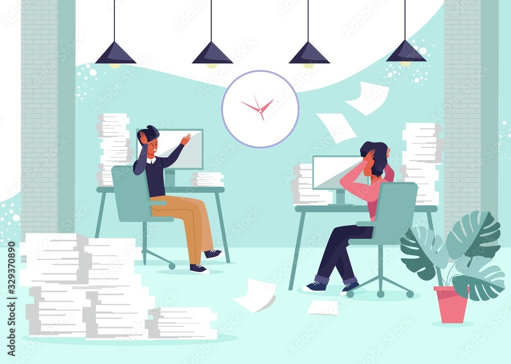 Frustrated Office People with Huge Paper Document Piles Sitting at ... Frustrated Office People with Huge Paper Document Piles Sitting at ...