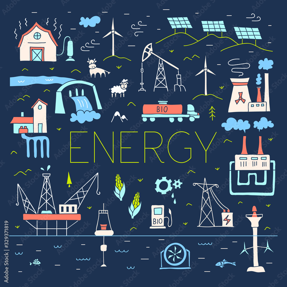 Types of energy sources. Hand-drawn colorful poster in doodle style on ...