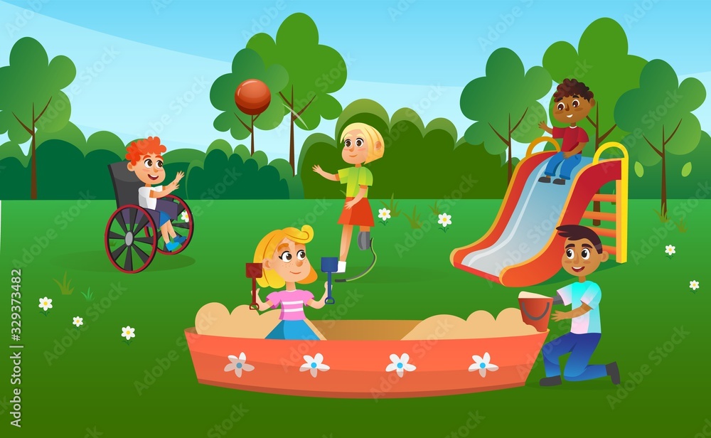 Summer Camp for Children Cartoon Flat Vector Illustration. Group Kids ...