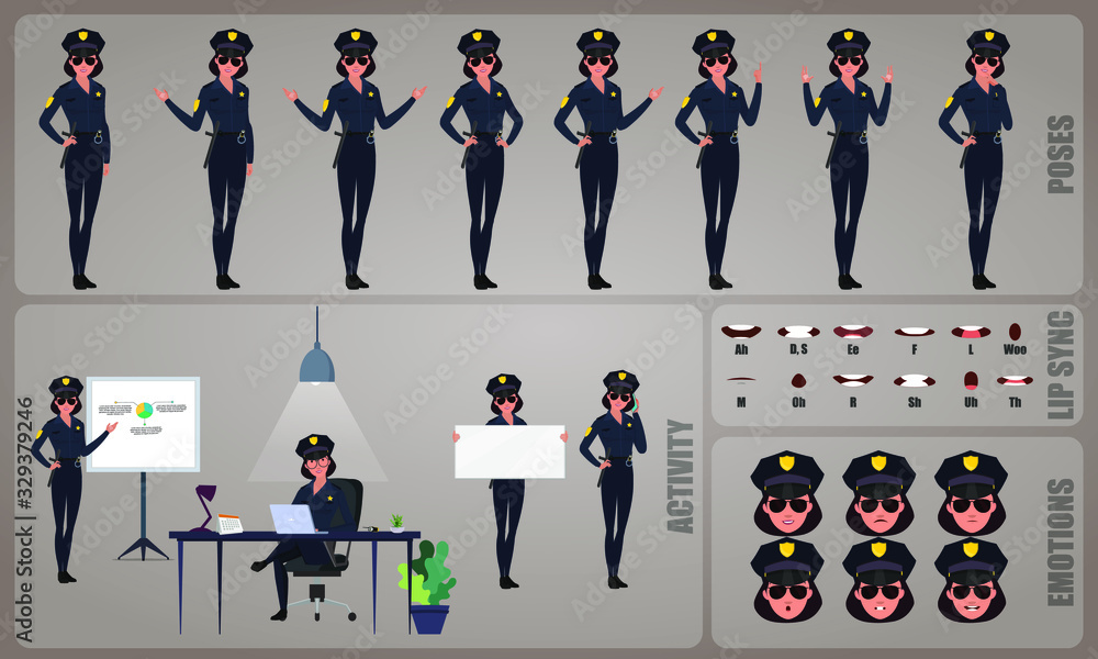 Woman Police character Set. Collection of character body Poses, facial ...