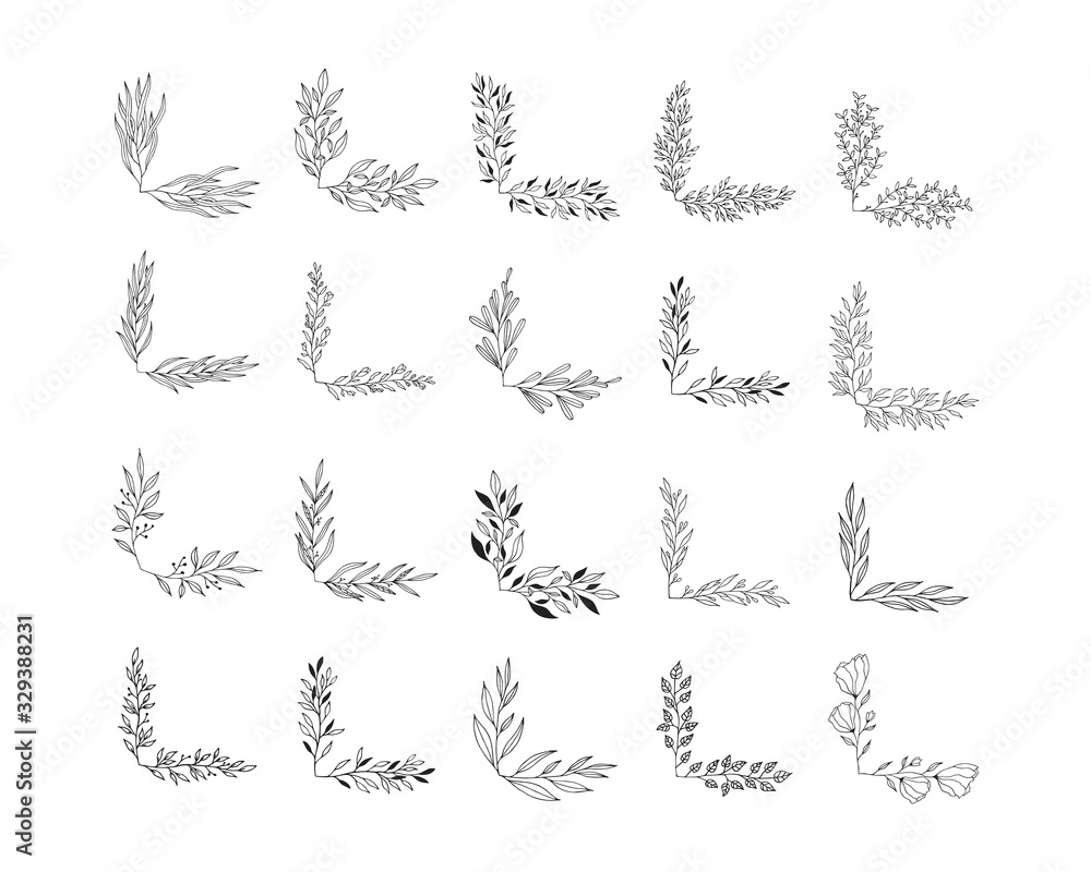 Set of floral branch corners. Rustic borders for wedding. Vector ...