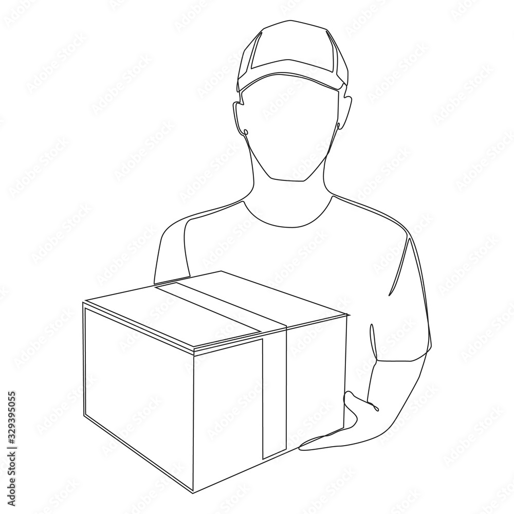 Delivery man with a box in his hands one line drawing on white isolated ...