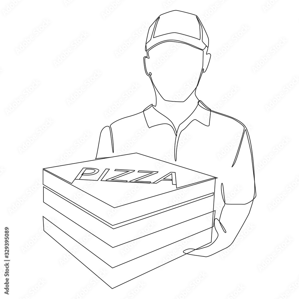 Pizza delivery man with boxes in hand one line drawing on white ...
