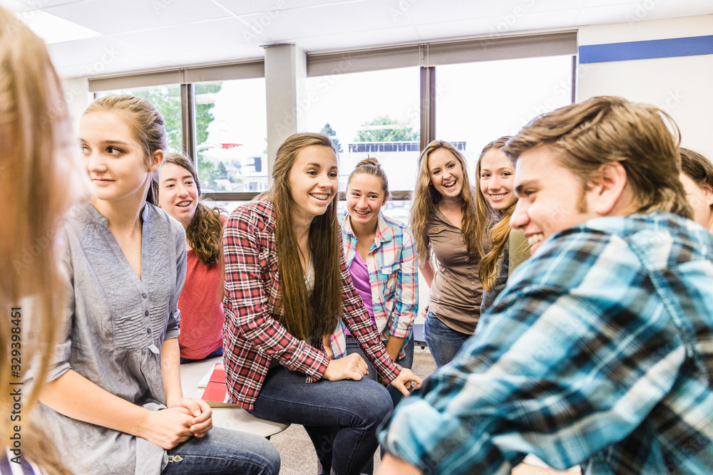 Teenage school kids in class in a group discussion. Red Lodge, Montana ...