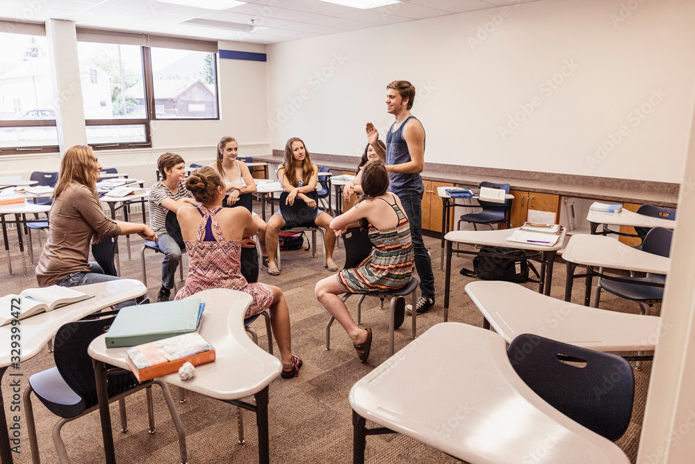 Teenage school kids doing team building activities in class. Red Lodge ...