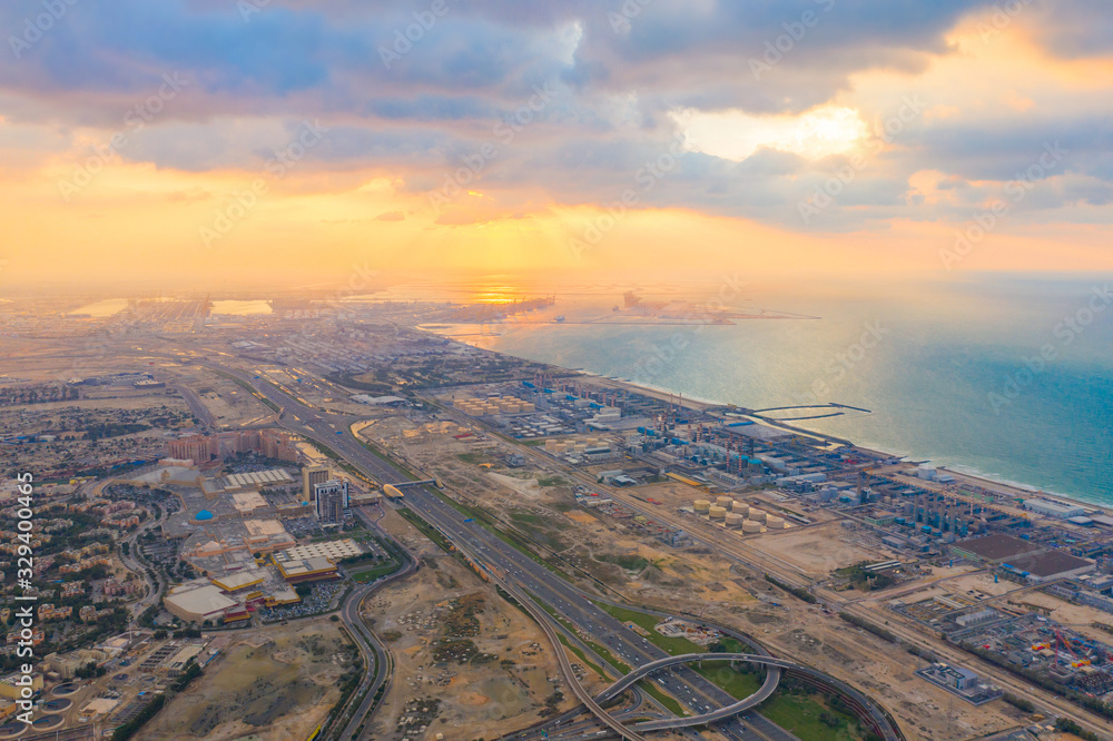 Aerial view of petrochemical oil refinery and sea in industrial ...