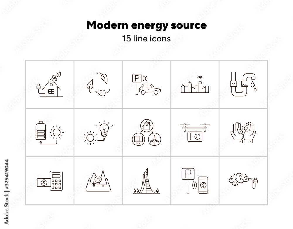 Modern energy source icons. Set of line icons. Quadcopter, brain with ...