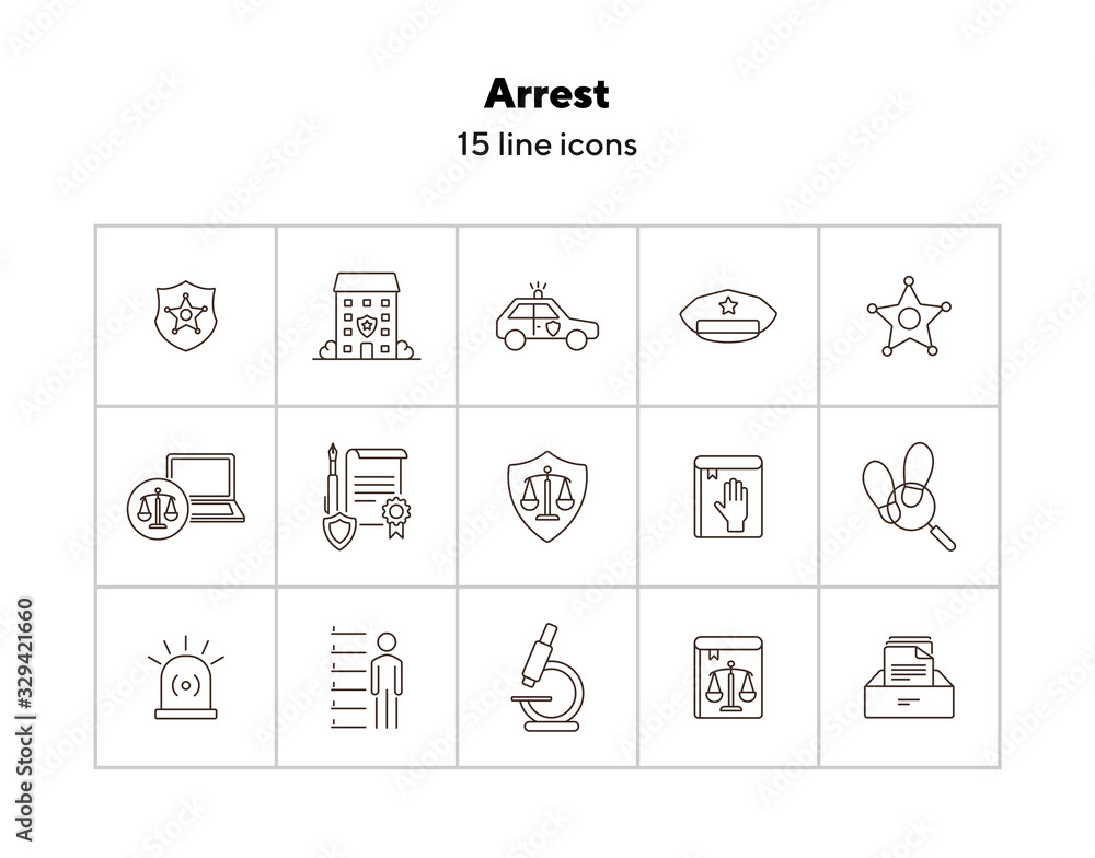 Arrest line icon set. Police department, car, sheriff badge. Police ...