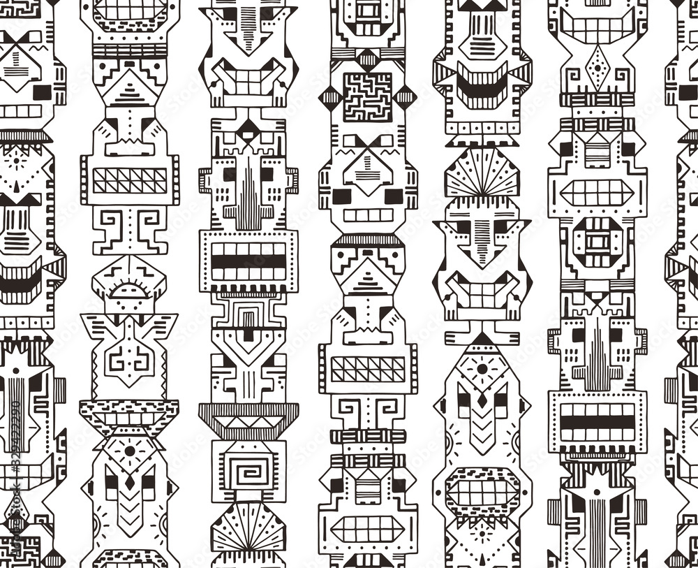 Vector Seamless pattern of Tribal Polynesian Tiki Masks. Hand Drawn ...