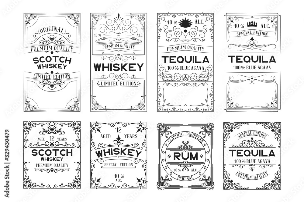 Set of scotch whiskey, tequila, rum labels. Vintage alcohol frames for ...