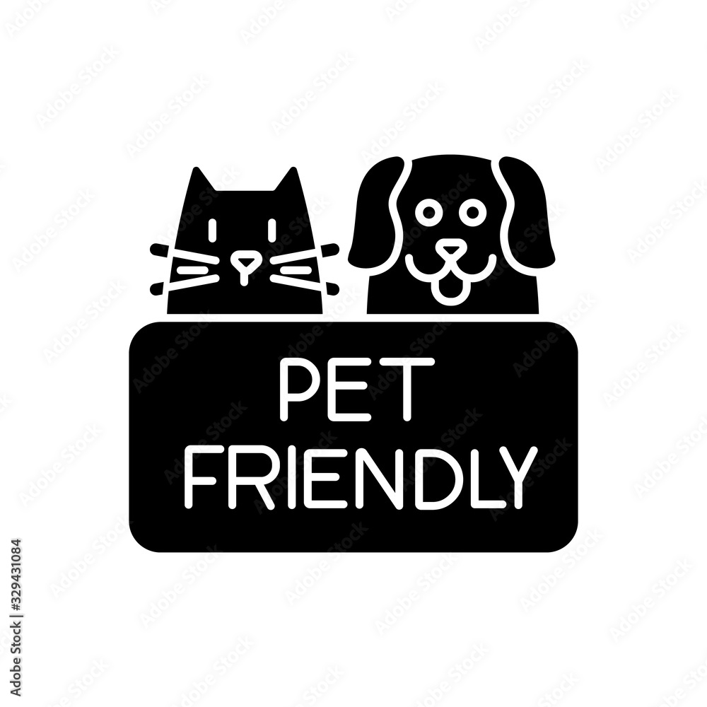 Cat and dog friendly area black glyph icon. Puppy and kitten permitted ...