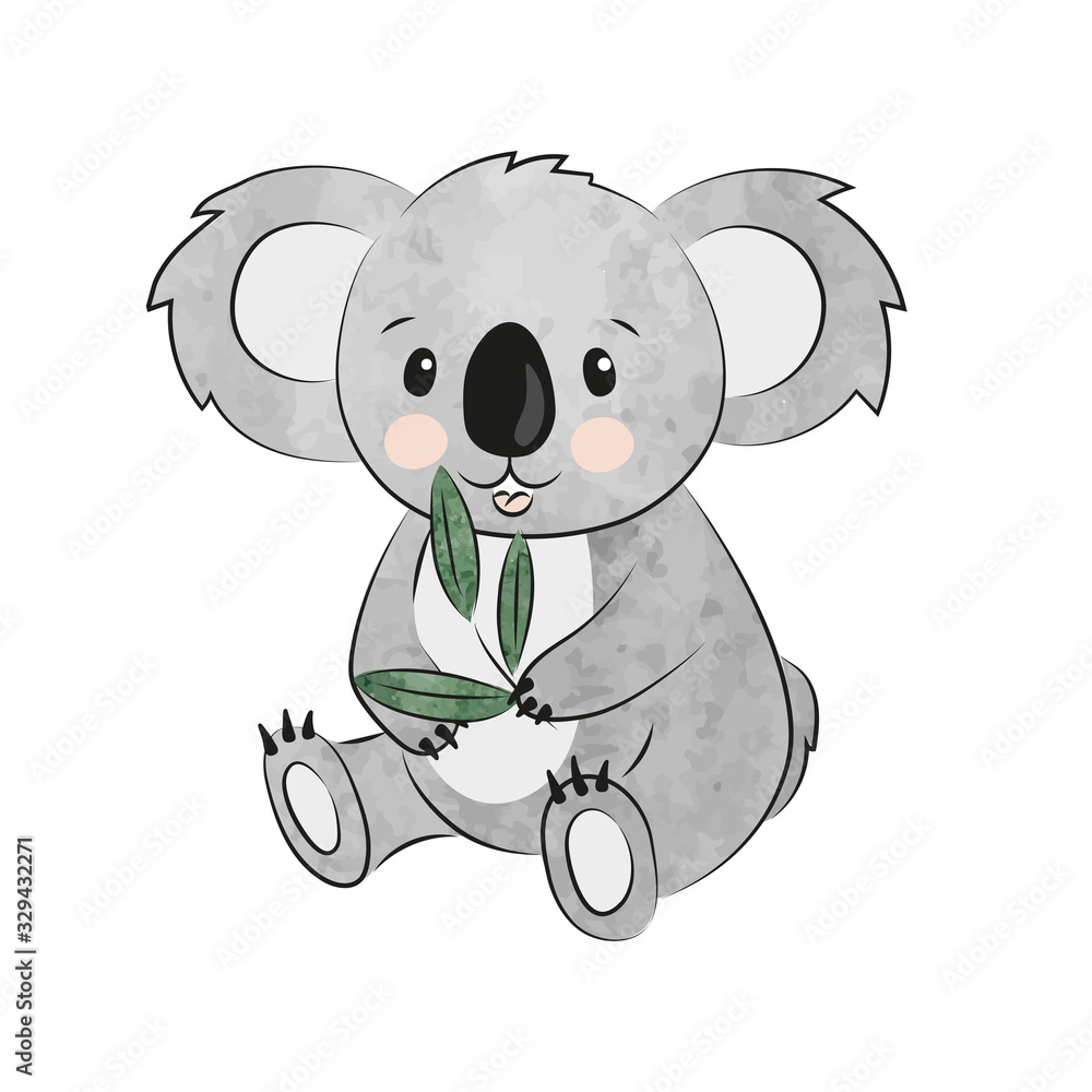 Cute cartoon koala eating eucalyptus. Vector watercolor illustration ...