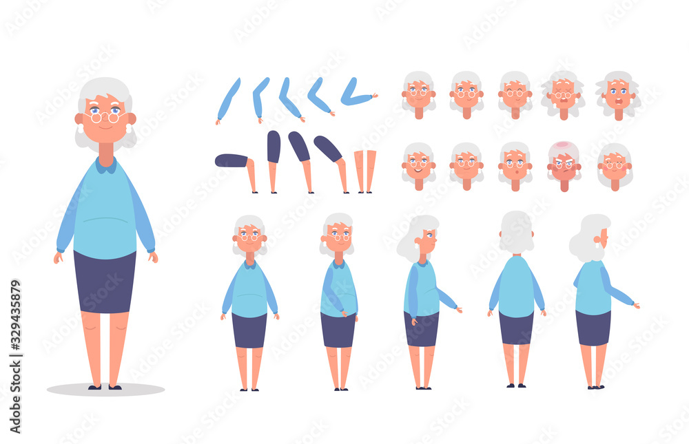 Elderly woman character constructor for animation with various views ...