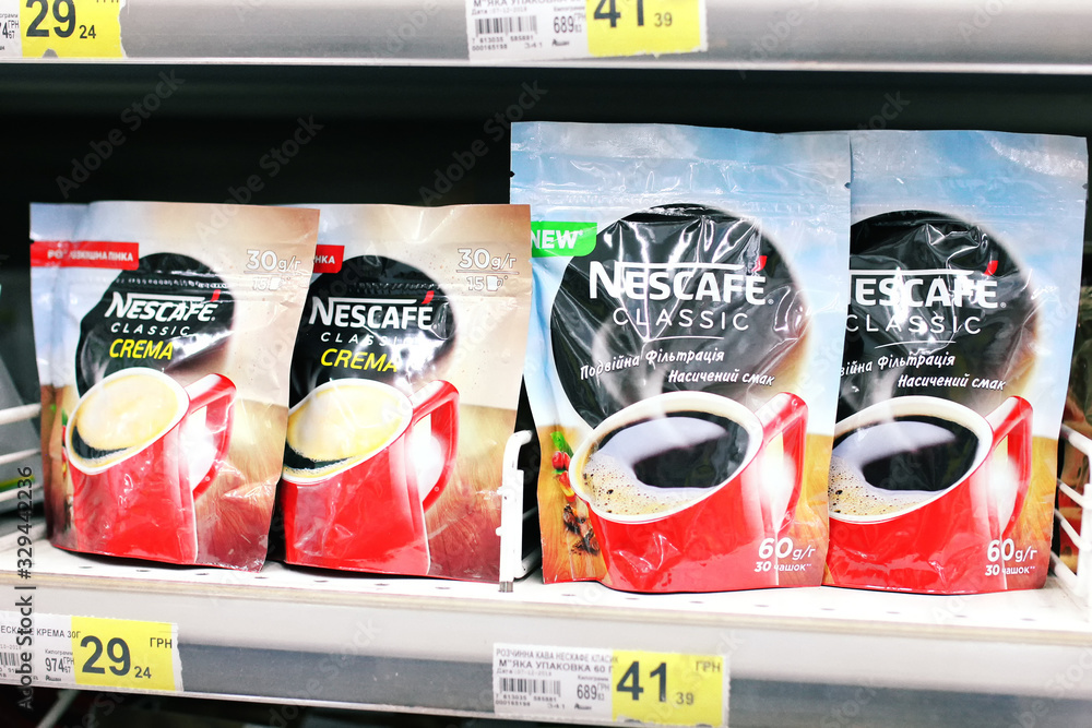 Kiev, Ukraine - January 22, 2019. Instant coffee, Nescafe Classic, a ...