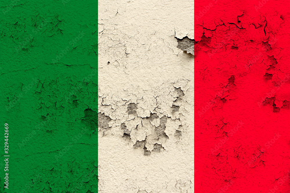 national flag of the modern state of Italy on an old historical wall ...