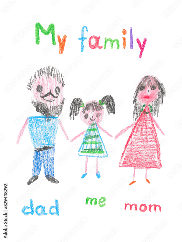 Family portrait, mother, father, sister, holding hands and smiling ...