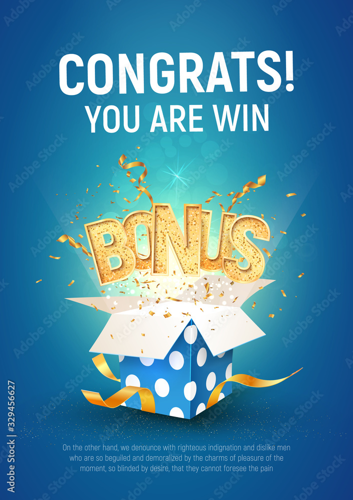Golden bonus word flying from textured gift box and blue background ...