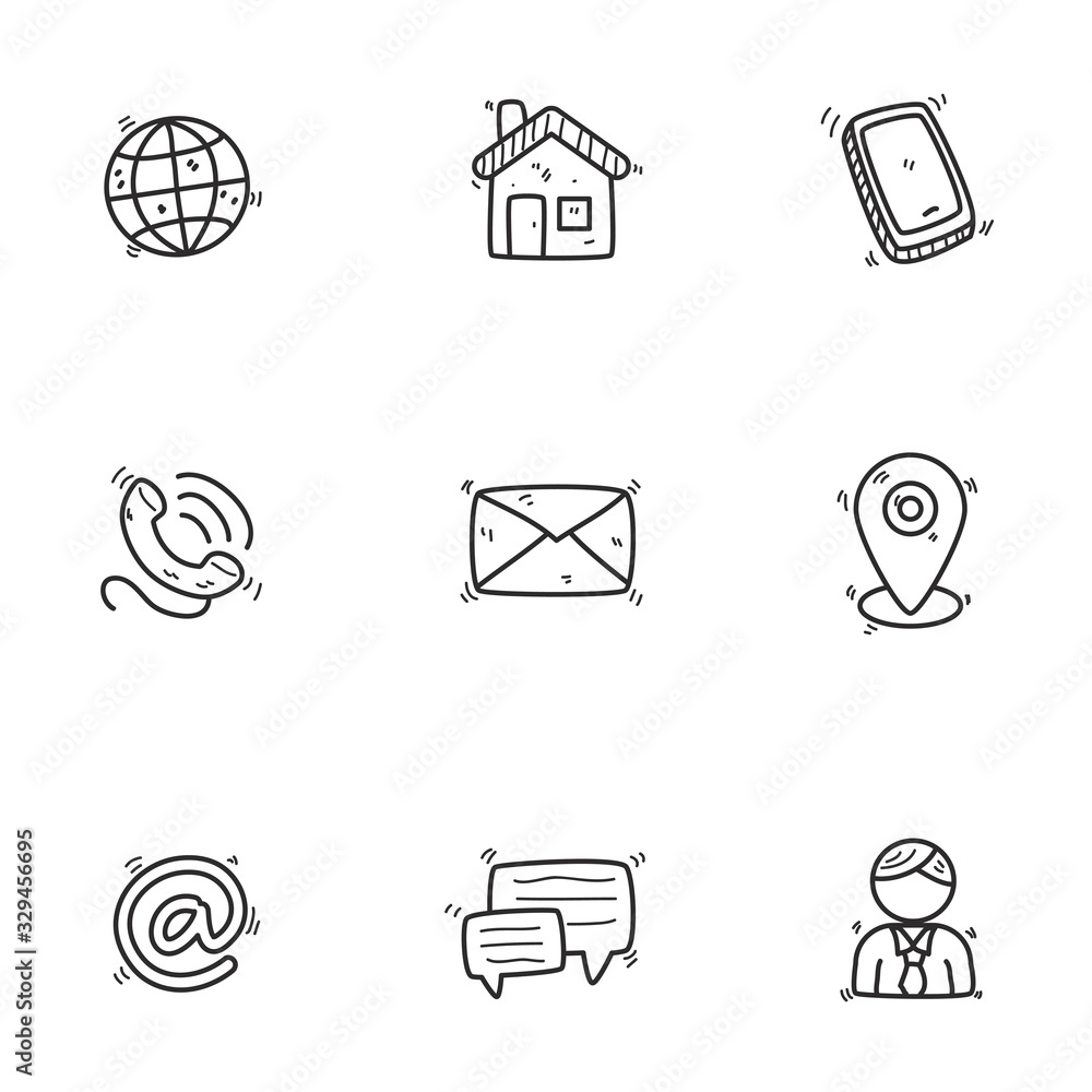 Set of contact icons in cute doodle design isolated on white background ...