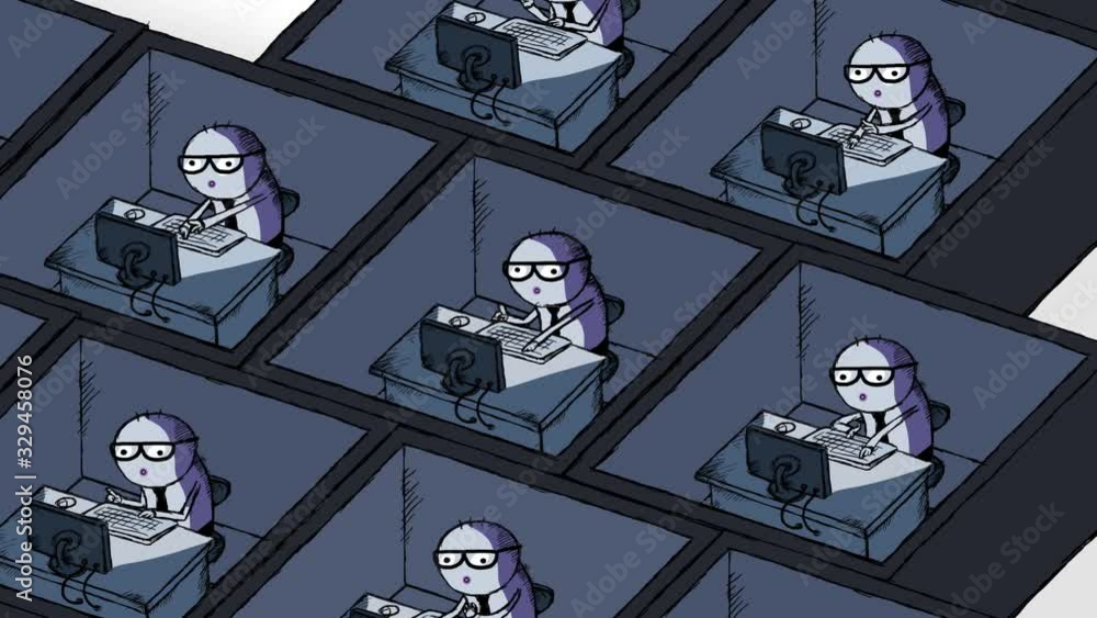 montage of busiCartoon employees in cubicles form AI lettering ...