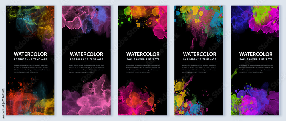 Big set of bright vector colorful watercolor on black background for ...