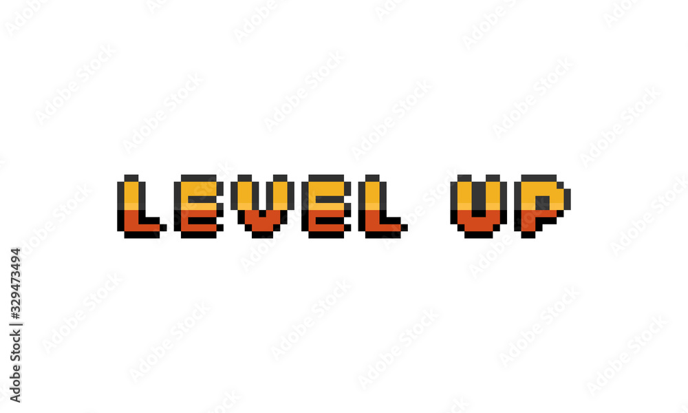 Pixel art cartoon gold level up text design. Stock Vector | Adobe Stock