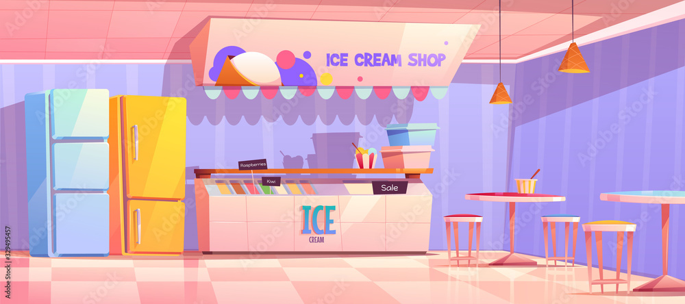 Ice cream shop interior with counter, fridge and tables. Vector cartoon ...