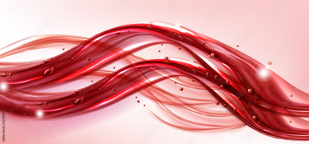 Red water splash wave with air bubbles and sparkles. Dynamic motion of ...