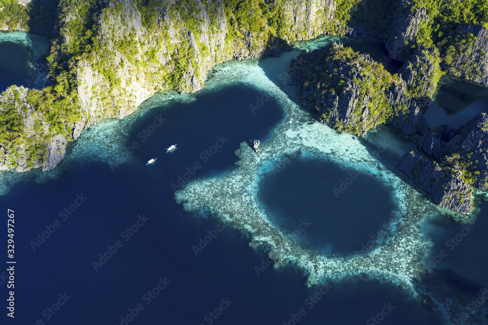 View from above, stunning aerial view of the Twin Lagoons surrounded by ...