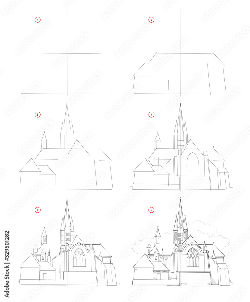 How to draw step by step sketch of imaginary medieval architectural ...