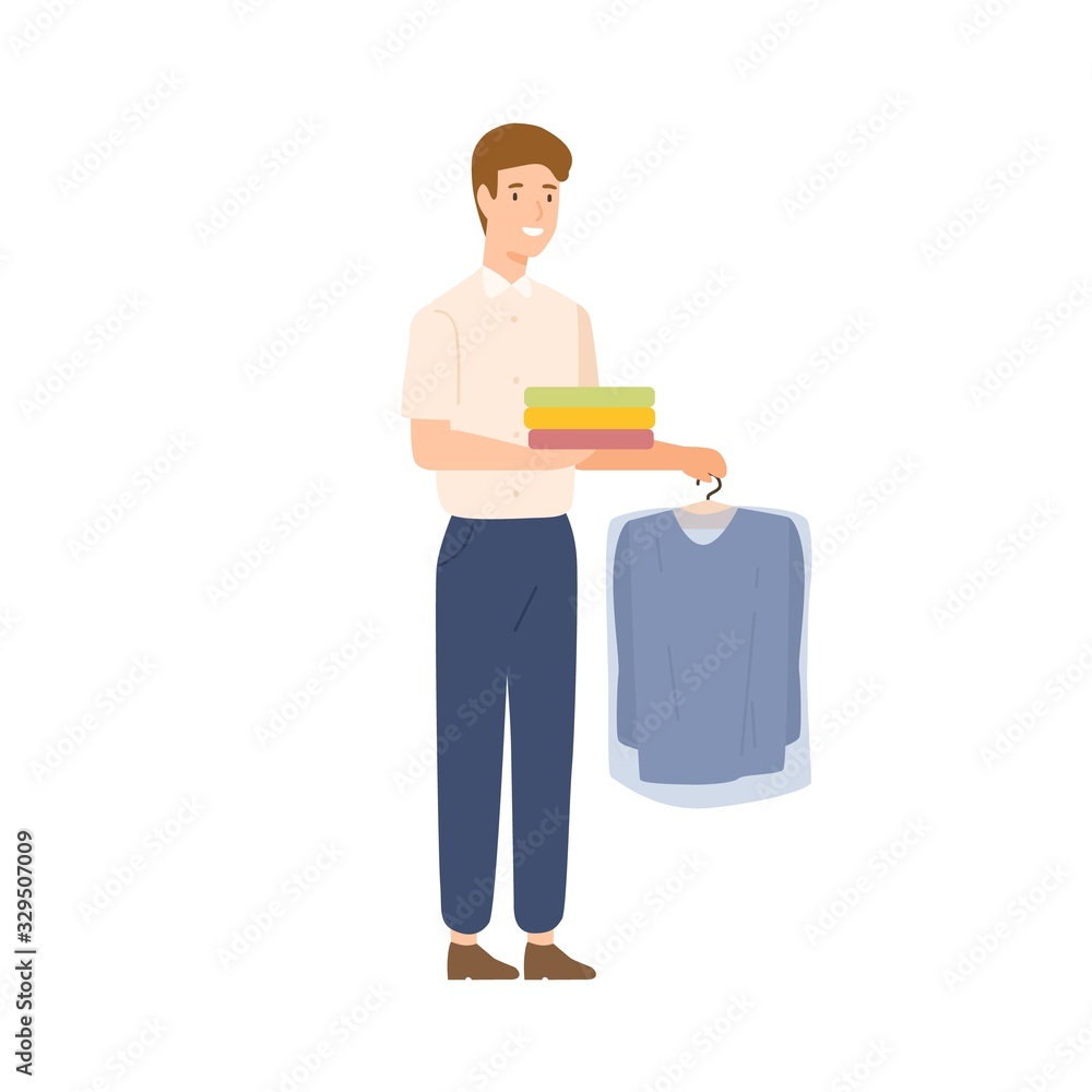 Smiling cartoon male courier delivery dry cleaning clothes vector flat ...