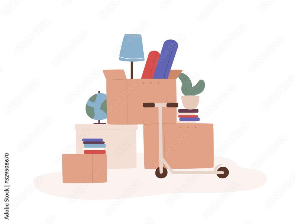 Cartoon boxes with different things ready for moving isolated on white ...