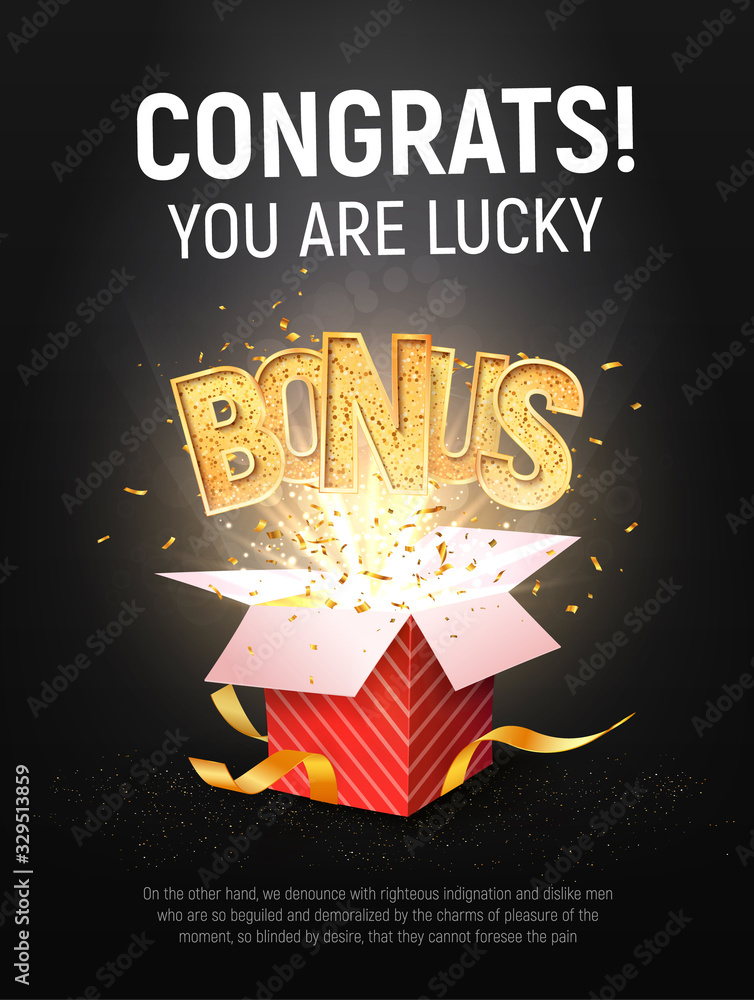 Bonus word flying from red gift box on dark background. Winning prize ...