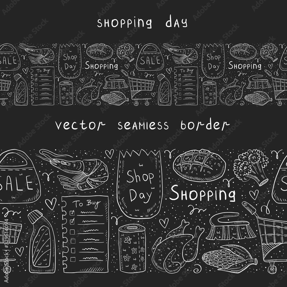 Shopping hand drawn doodle vector seamless border, pattern, texture ...