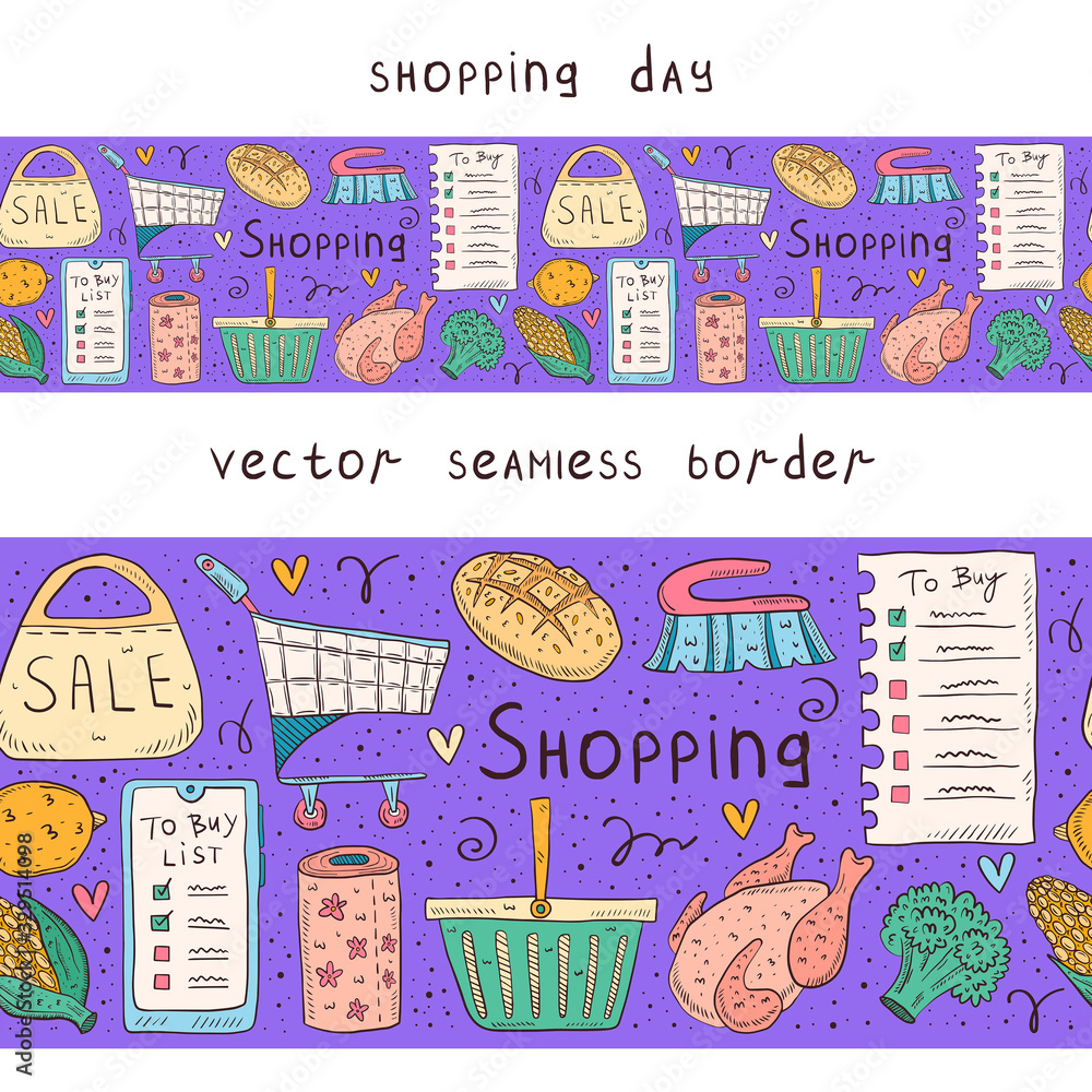 Shopping hand drawn doodle vector seamless border, pattern, texture ...