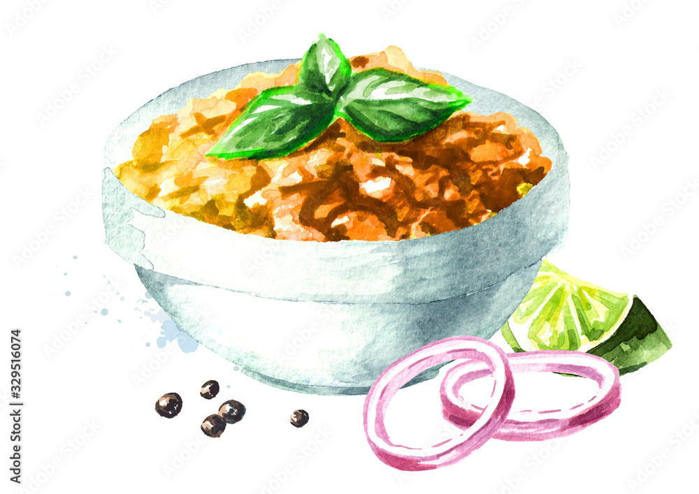 Vegetarian Indian red lentil Dal. Hand drawn watercolor illustration ...