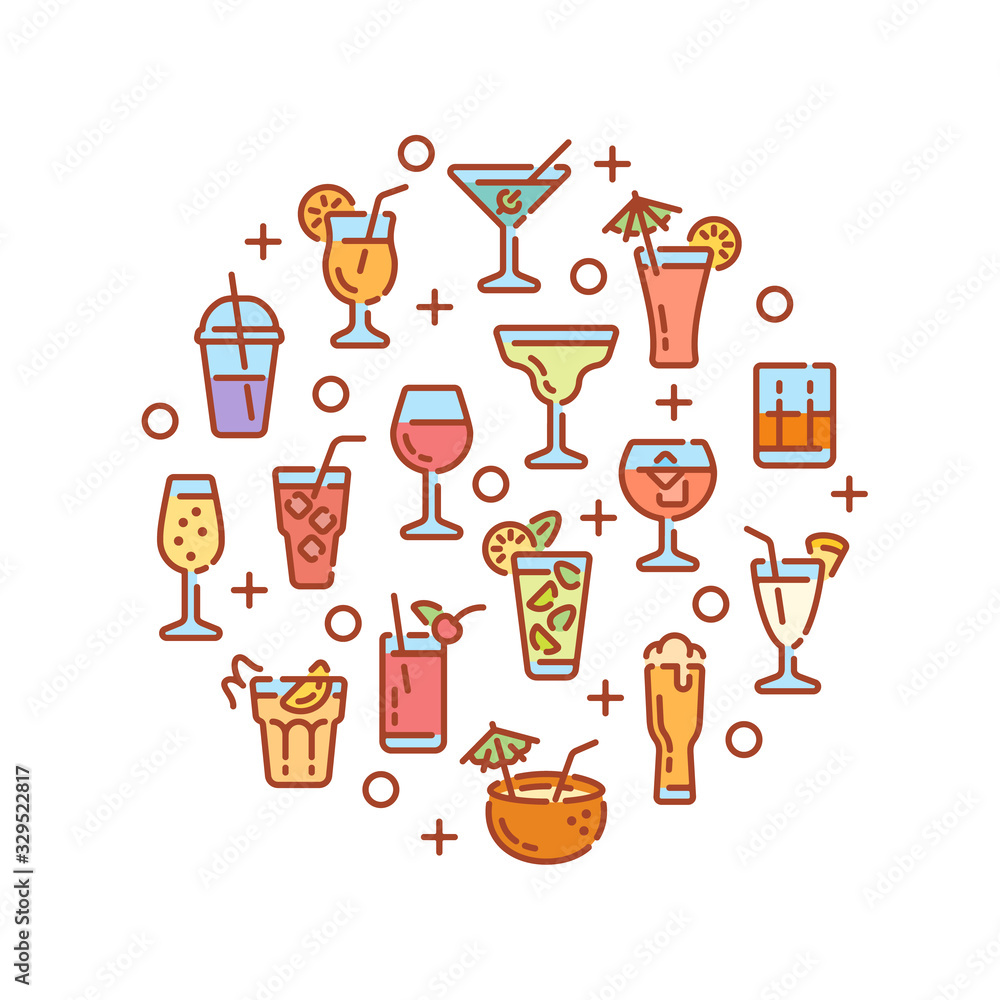 Round design with alcoholic drinks and cocktails elements isolated on ...
