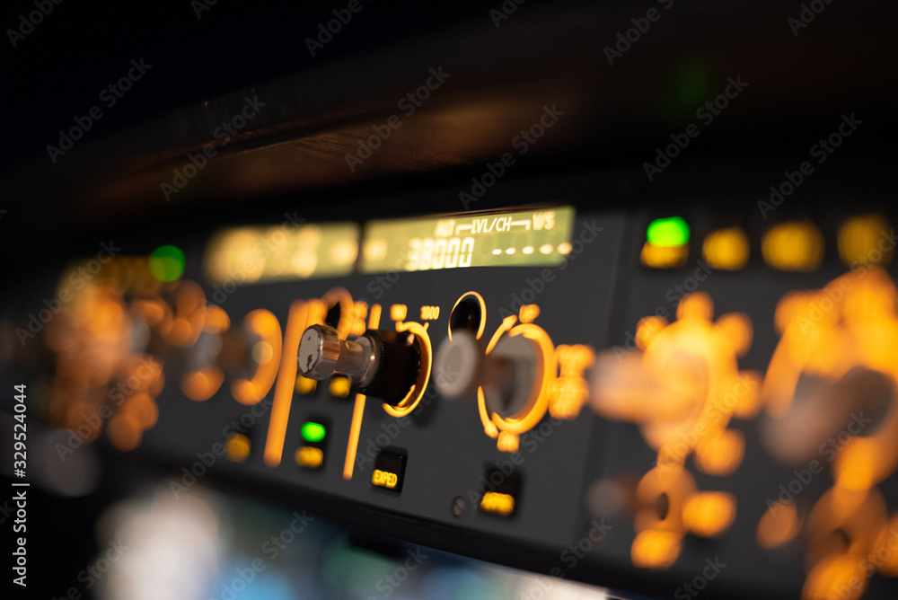 Close up shot of the Flight Control Unit of an Airbus A320 in flight ...