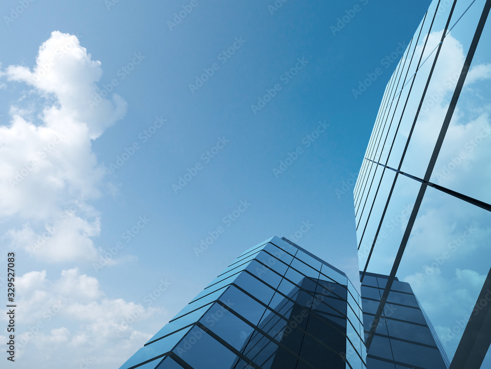 View of high rise glass office building and dark steel window system on ...