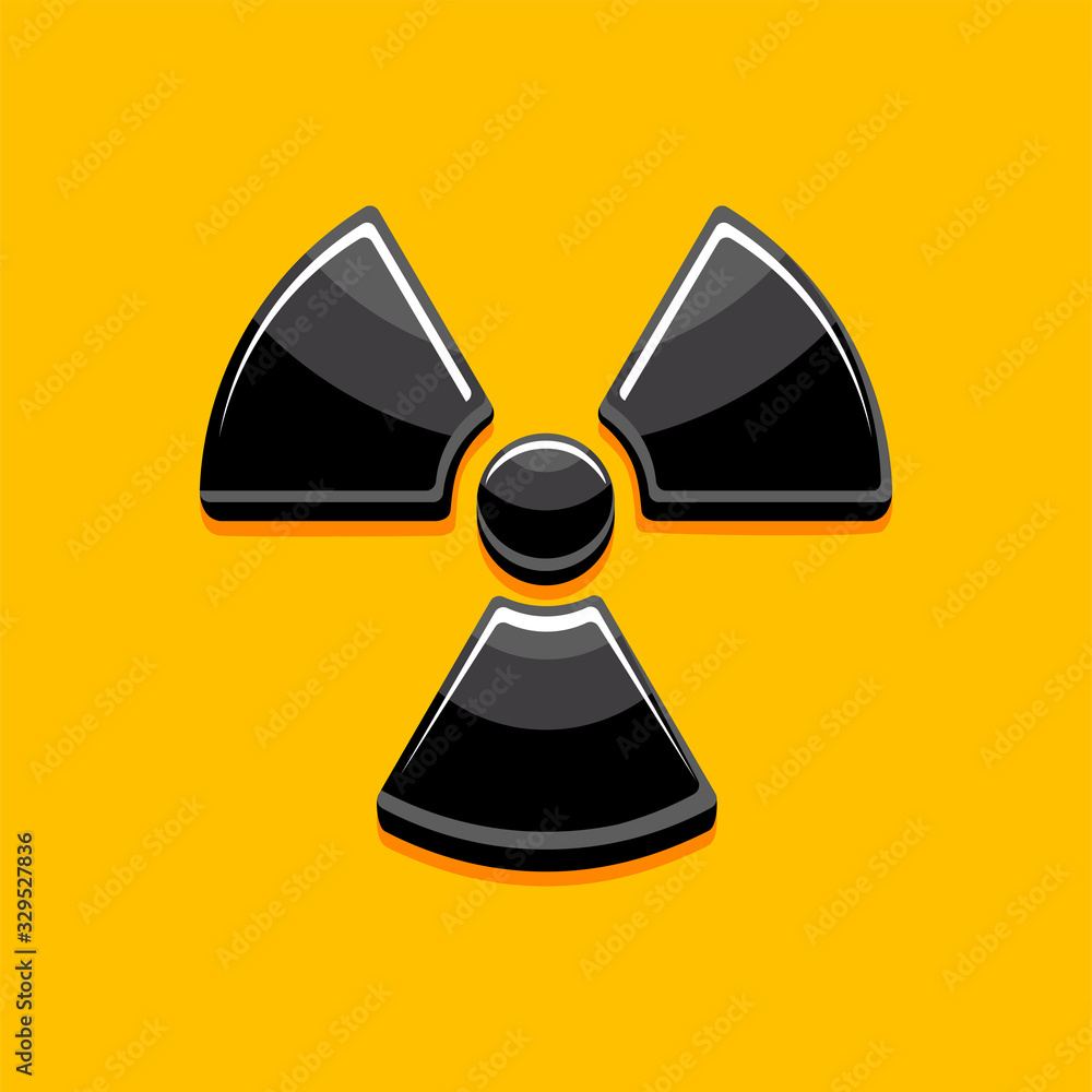Classic radiation warning symbol on yellow background. Black shiny sign ...