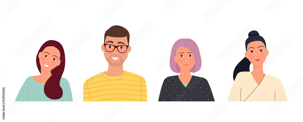 Cartoon real people portraits set. Flat style vector icons set. Stock ...
